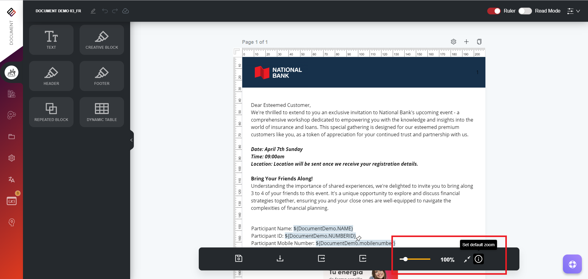 Zooming while Designing a Document Template